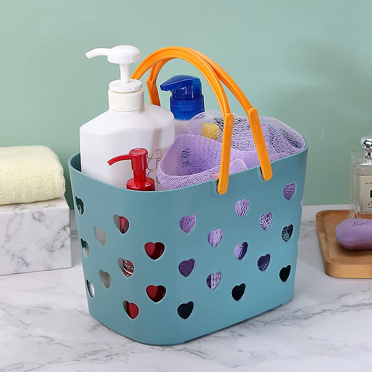 JAGTRADE Storage Basket Plastic Storage Basket with Handles Hollow Shower Caddy Basket with Holes Bathroom Organizer Tote Toiletry Bag Basket, 21x14.3x16.5cm, Pink