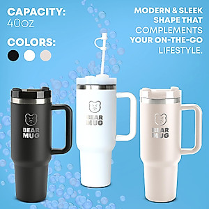 The Original Bear Mug: 40oz Insulated Flask With Handle & Straw | Hot & Cold Insulated | Stainless Steel Water Bottle Alternative | Travel Mug Fits Cupholders | Leak Proof (White)