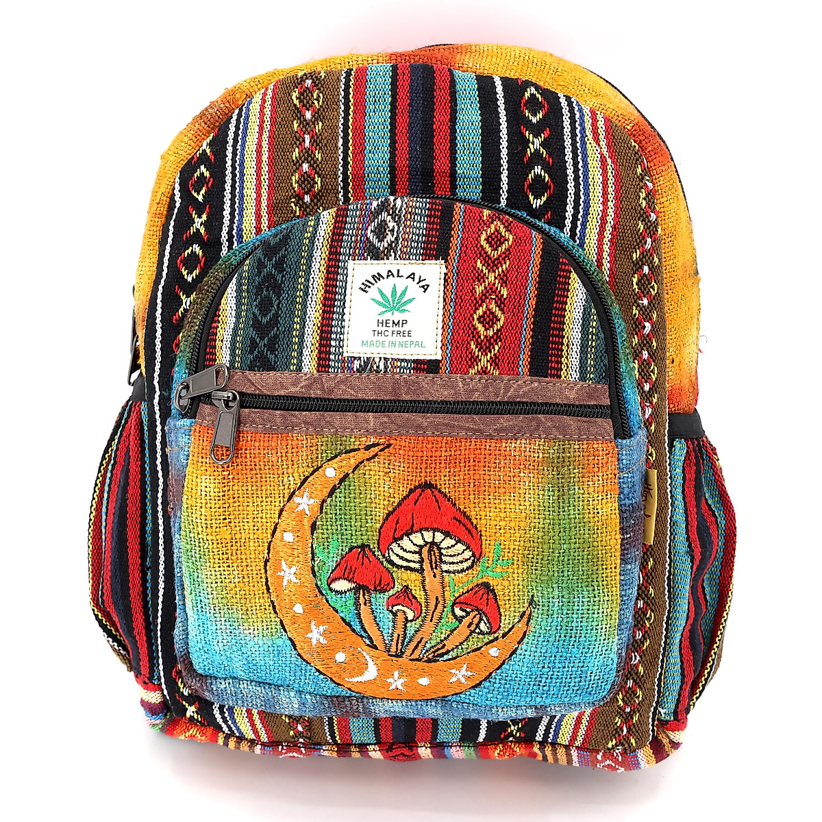 Unique Moon & Mushroom Embroidered Himalaya Hemp Hippie Backpack Festival Backpack FAIR TRADE Handmade with Love. (MINI)