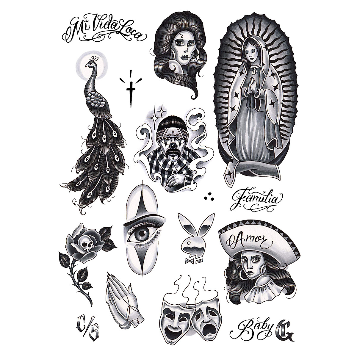 Tatsy Chicano Set, Temporary Tattoo Cover Up Sticker for Men and Women, Body Temp Fake Tattoos, Chicana Gansta Lowrider Style Culture, Unique Realistic Designs