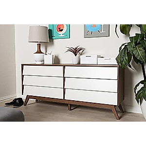 Baxton Studio Hildon Modern 6-Drawer Storage Dresser Mid-Century/Particle Board/MDF with PU Paper/White/Walnut Brown