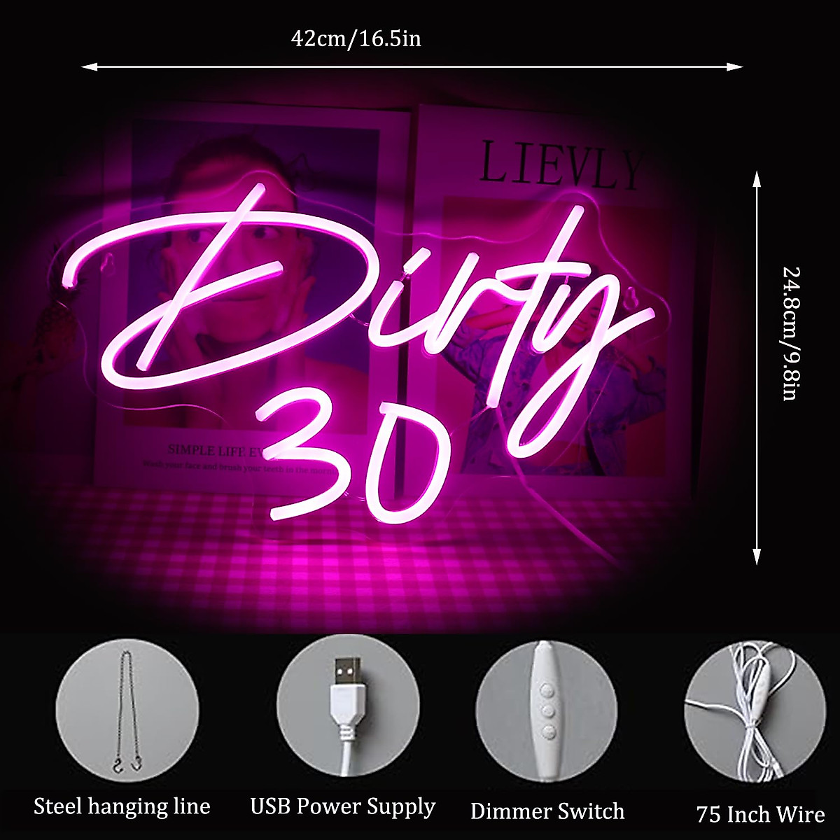 QiaoFei Led Dirty 30 Pink Neon Sign Letters USB Powered with Dimmer Switch Neon Lights for Girls Room Home Art Wall Decor 30th Birthday Party Window Living Room Decor Birthday Gift(Pink)