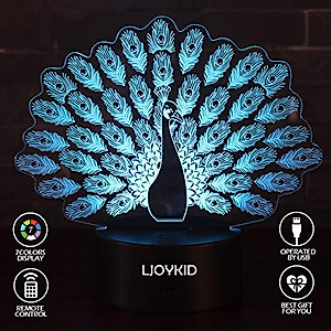 LJOYKID 3D Led Night Light Lamps - Optical Illusion 7 Colors Touch Table Desk Visual Lamp with Remote Control for Gifts for Children Kids (Peacock)