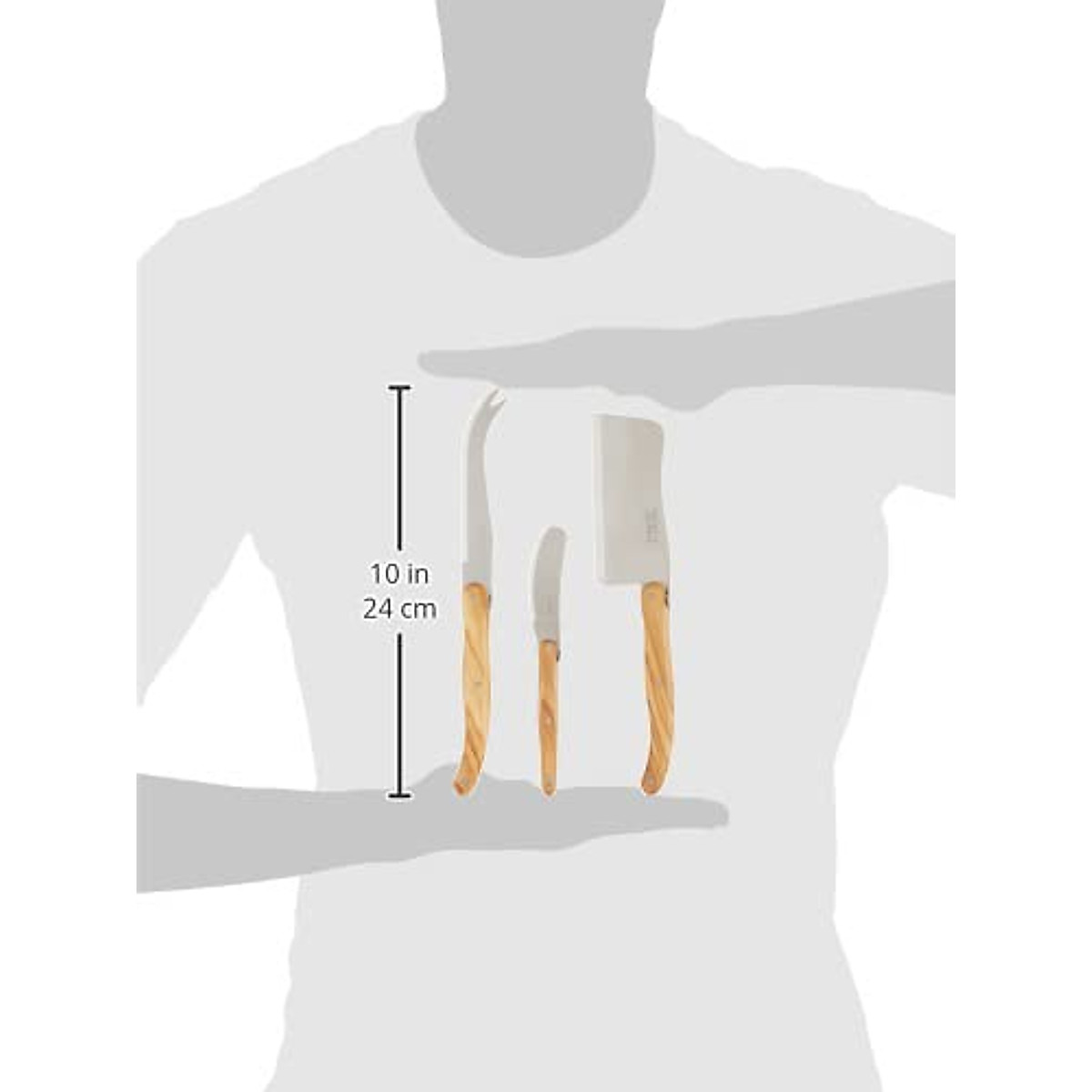 Jean Dubost Laguiole Rustic Range 3-Piece Cheese Knife Set, Olive Wood Handles - Rust-Resistant Stainless Steel - Includes Wooden Tray - Made in France