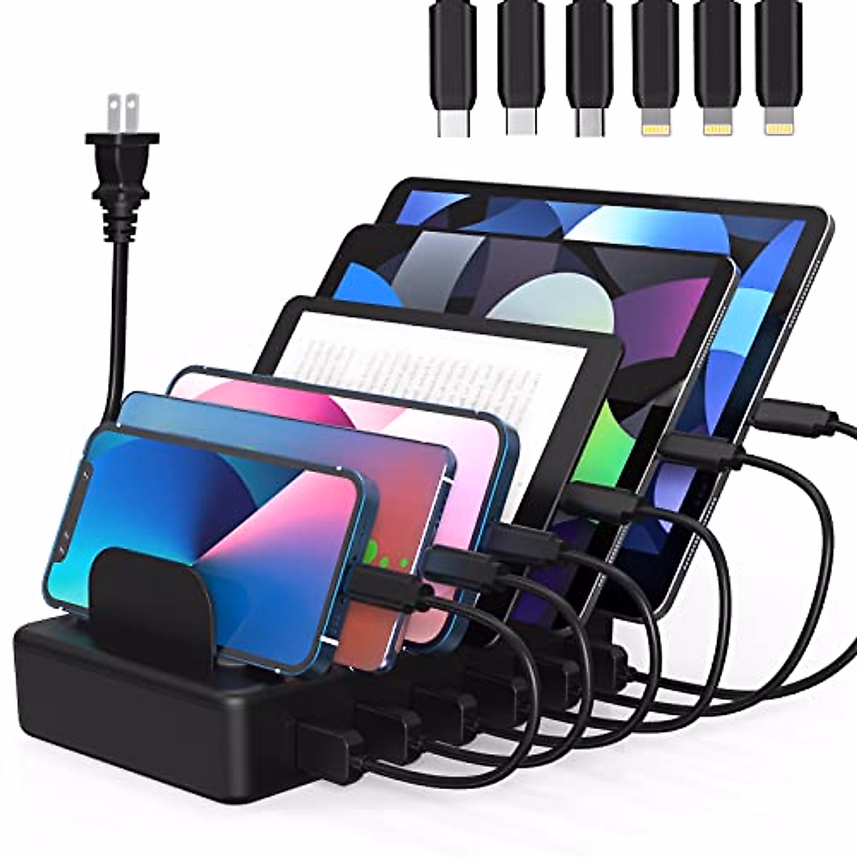 ZXSWONLY Charging Station for Multiple Devices, 50W 6 Ports USB Charging Station Organizer with 6 Cables Compatible with Cellphone, Tablet, Kindle, and Other Electronic (White) (Black)