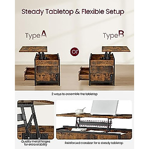 VASAGLE Lift Top Coffee Table with Storage Drawers and Charging Station, Coffee Table for Living Room with Lifting Top, Hidden Compartments and Open Shelf, Rustic Brown and Ink Black ULCT206B01