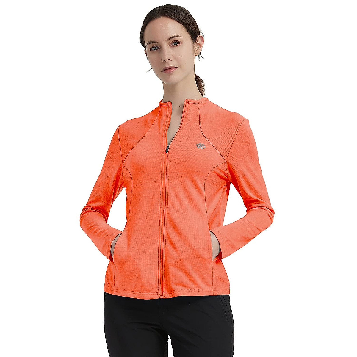 MoFiz Horse Riding Shirts for Women Long Sleeves UV Protection Zip-up Slim Fit Biking Shirt Orange XL