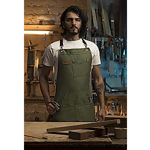 Asaya Chef, BBQ and Work Apron with Bottle Opener and Hand Towel - Durable 10oz Cotton Canvas, Brass Hardware and Cross Back Straps - For Men, Women, Grilling, and Cooking (Green)