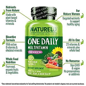NATURELO One Daily Multivitamin for Women 50+ (Iron Free) - Menopause Support for Women Over 50 - Whole Food Supplement - Non-GMO - No Soy - 120 Capsules - 4 Month Supply