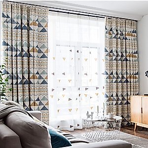 Linen Blackout Window Curtain Triangle Geometric Boho Curtains 96 Inch Long Kids Room Darkening Window Panel Drapes Set for Living, Dining, Bedroom,Diamond Print Window Treatment Drapes ,2 Panels