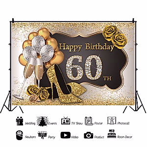 DORCEV 10x8ft Photography Backdrop for Woman Happy 60th Birthday Party Decor Luxury Gold Black Backdrop Banner Glitters Heels Roses Balloons Photo Background Mother Grandma Birthday Party Props