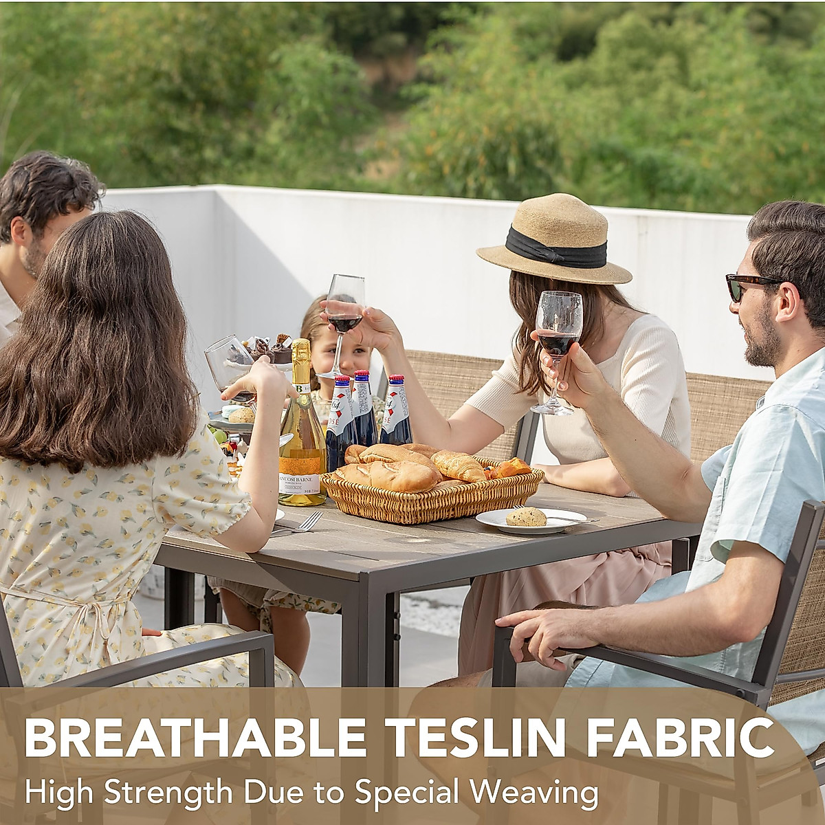 Devoko Patio Dining Set 7 Piece Outdoor Furniture with Rectangular Table and 6 Stackable Chairs Family Conversation Set for Garden Backyard Deck (Brown)