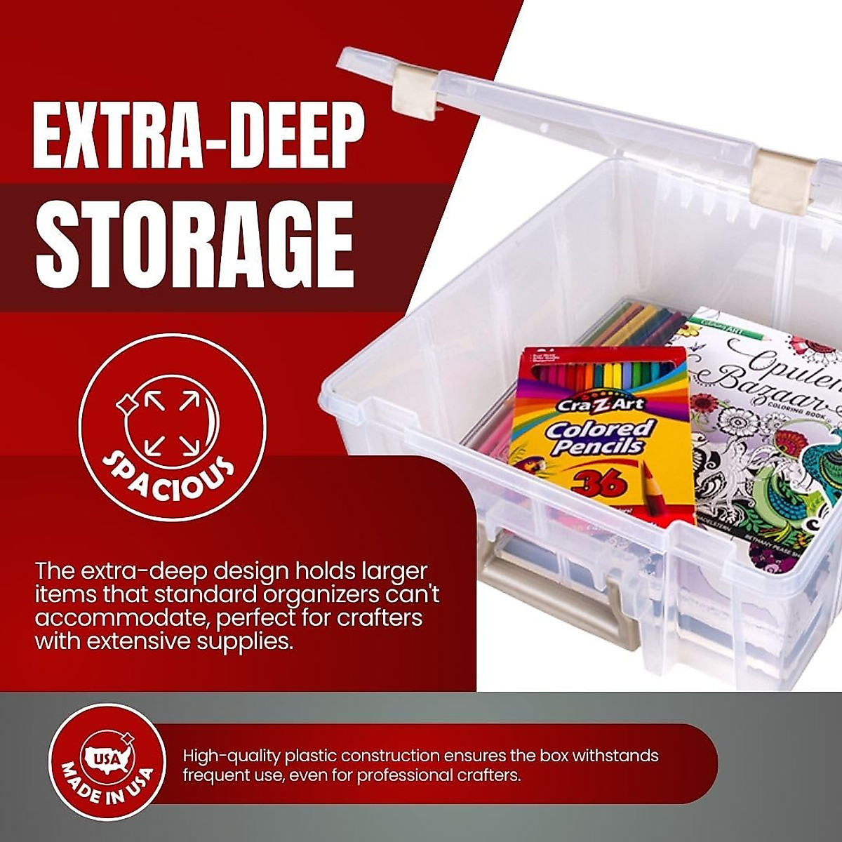 ArtBin 0365500 Super Satchel Double Deep, Portable Art & Craft Organizer with Handle, [1] Plastic Storage Case, Clear with Gold Accents, Clear & Gold