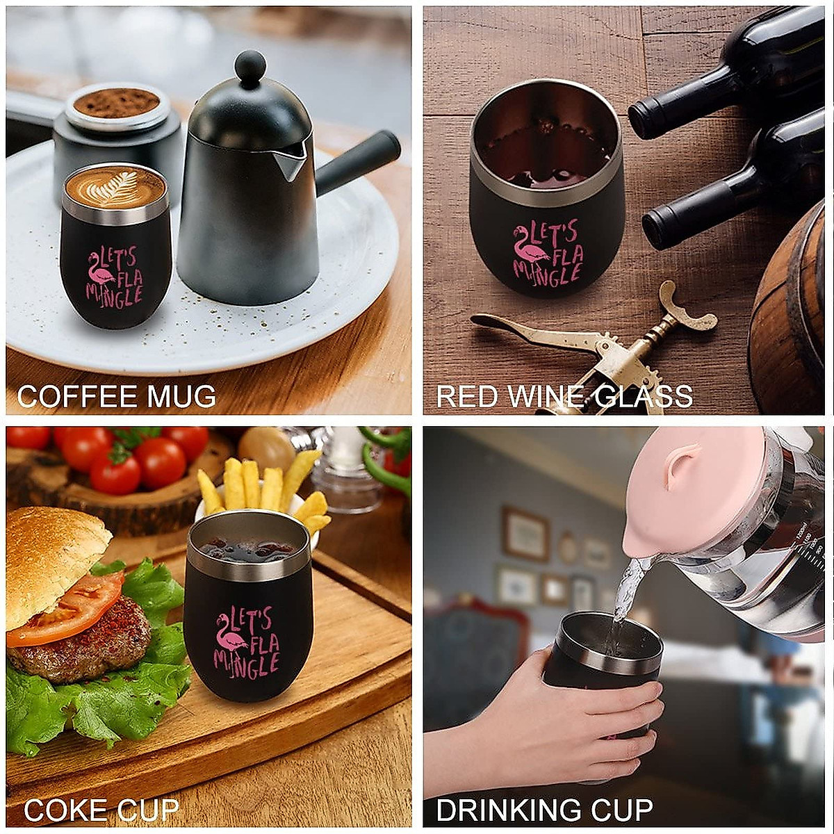 Pink Flamingo Let's Flamingle Wine Tumbler with Sliding Lid Stemless Stainless Steel Insulated Cup Outdoor Camping Mug black-style1