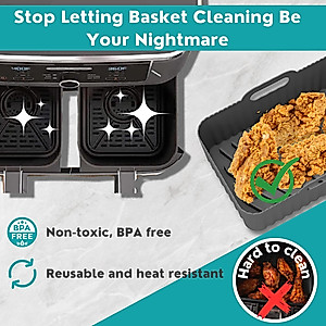 Air Fryer Silicone Pot Rectangular for Ninja Foodi Dual DZ201/DZ401 10QT, Reusable Silicone Airfryer Liner Replacement Baking Tray Basket | Non-stick | Easy Cleaning | Food Safe | Gray / 2Pcs