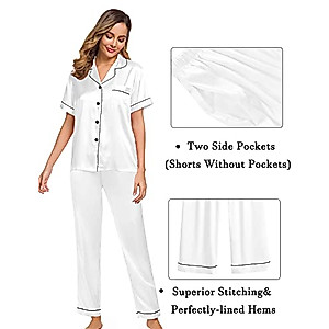 SWOMOG Womens 3pcs Satin Pajamas Shorts Set Button Down Short Sleeve Pjs Loungewear Long Lounge Pants with Pockets White