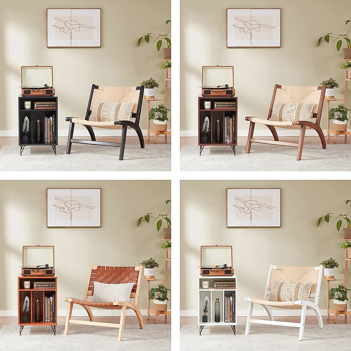 Modern Leather Accent Chairs for Living Room, Mid Century Lounge Chair, Side Brown Leather Chair Indoor Boho Scandinavian Cognac Woven Rattan Faux Leather Accent Chair