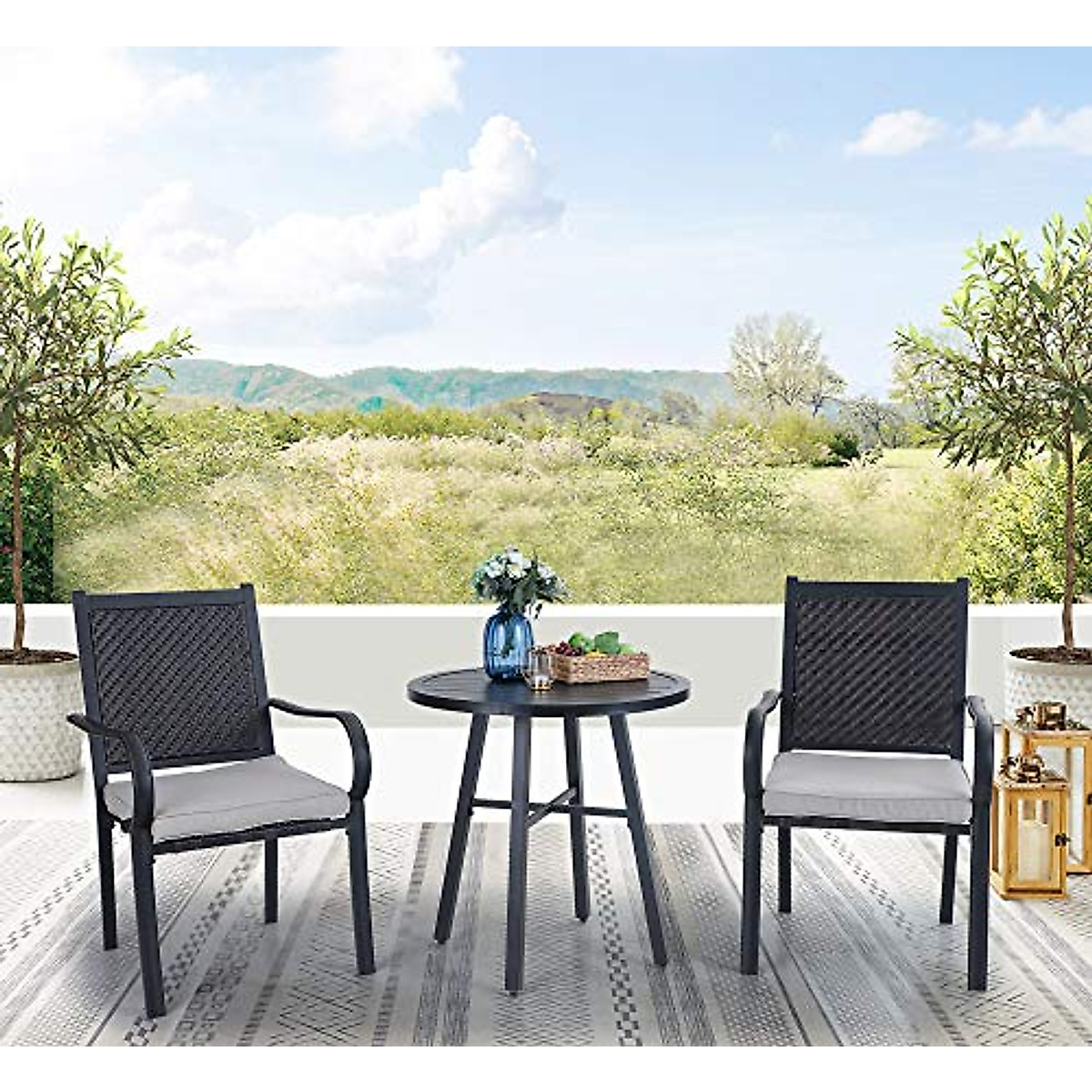 PHI VILLA Outdoor Rattan Dining Chairs Set of 2, Wicker Chairs with Removable Cushion & Metal Frame, for Patio, Deck, Yard, Porch