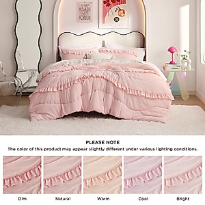 Bedsure Pink Comforter Set Queen - Ruffle Comforter, Cute Shabby Chic Boho Bedding Comforter Set for Girls, Lightweight Fluffy Soft Bed Set with 2 Pillow Shams