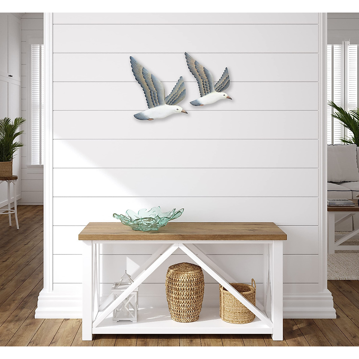 T.I. Design Hand-carved Wood Flying Seagull Wall Décor Set of 2 | Coastal Nautical Rustic Beach Wall Art 2 Pieces