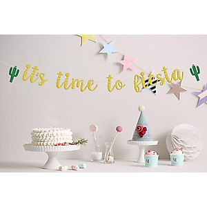 It's Time to Fiesta Banner, Wedding Engagement Birthday Bachelorette Party Decorations, Mexican Fiesta Theme Cactus Bridal Shower Party Decors, Cinco De Mayo Party Supplies Gold&Green Glitter
