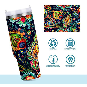 xigua 30 oz Paisley Flower Tumbler with Handle and Straw Lid, Stainless Steel Vacuum Insulated Sports Water Bottle, Keeps Cold or Hot Coffee Cup Travel Mug