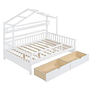 Kids House Bed with 2 Drawers and Shelf, Full Size House Bed Frame with Roof Design and Safety Guardrail, Montessori Bed for Girls Boys Bedroom Furniture, No Box Spring Needed (White + Wood-24)