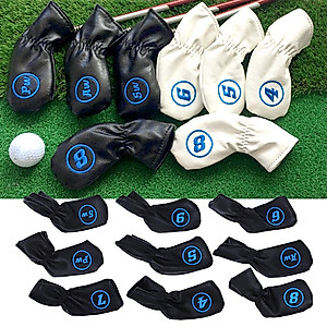 Bnineteenteam 9PCS Golf Headcover,PU Leather Golf Putter Head Cover Waterproof Thicken Plush Golf Putter Head Cover Iron Club Headcovers Accessory(Black)