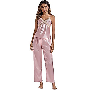 LYANER Women's Satin Silk Pajamas Set V Neck lace Trim Cami Top and Pants Sleepwear Pjs Set Pink Medium