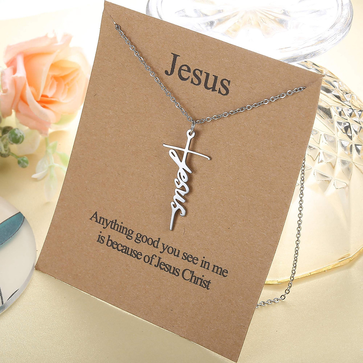 Jewenova Faith Cross Necklace Hope Loved Strength Pendant Necklace Religious Jewelry Gift for Women Dainty Y Pendant Chain Necklace with Meaning Card