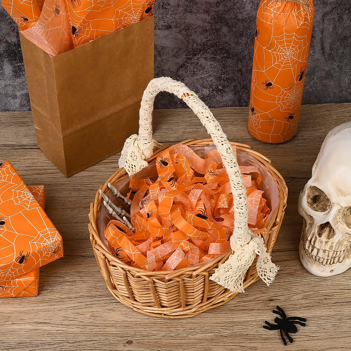 Bolsome 100 Sheets Halloween Tissue Paper for Gift Wrapping Orange Black Spider Web Printed Tissue Paper for Gift Bags Spooky Design Decorative Tissue for Halloween Party DIY Craft