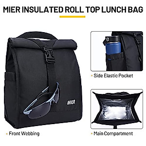 MIER Insulated Lunch Bag Roll Top Lunch Box for Women Men Adults Foldable Rolltop Lunch Tote with Shoulder Strap for Work Office Picnic, Water Bottle Holder, Black