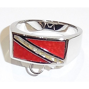 Dive Flag Ring - Tarnish-Free Rhodium-Plated Bronze, with Inlay of Simulated Red Coral and Mother-of-Pearl Chips (12)