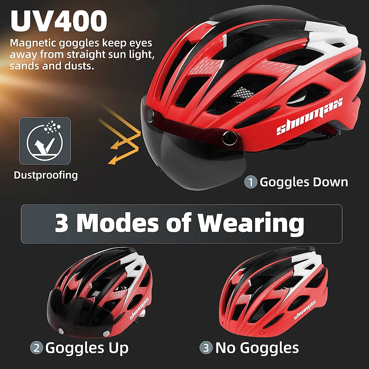 Shinmax Bike Helmet, CPSC/CPC Certificated Bicycle Helmet with Detachable Magnetic Goggles&Led Back Light&Portable Backpack Cycling Helmet Adjustable Mountain Bike Helmet for Adult Men Women SM-T69