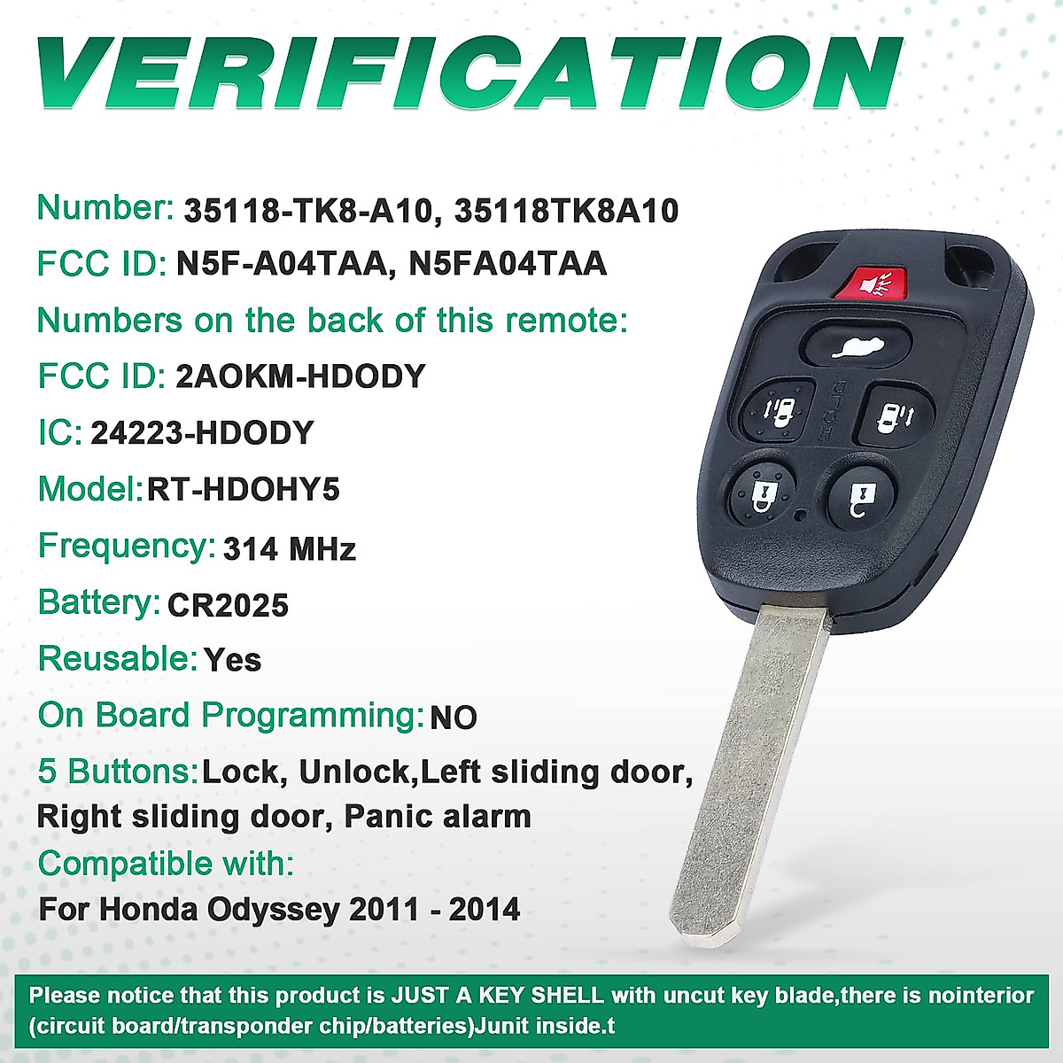 Beefunny Replacement Remote Car Key Shell Case Fob 6 Button for Honda Odyssey 2011-2013 (1)