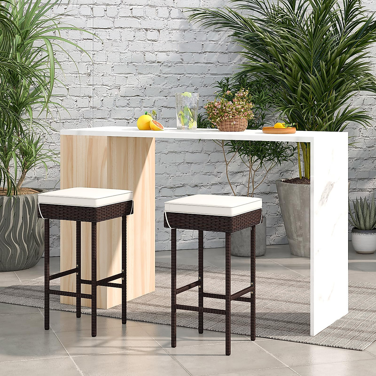 Tangkula Patio Rattan Barstools Set of 2, Outdoor Wicker Bar Height Chairs with Footrest & Soft Cushions, Heavy-Duty Metal Frame, Cushioned Barstools for Backyard, Balcony