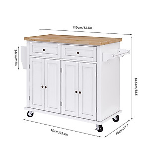 43“ Rolling Mobile Kitchen Island Cart on Wheels with Drawers, Storage Cabinet, Rubberwood Countertop and Spice/ Towel Rack, Adjustable Shelves, White