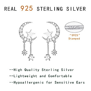Reffeer 925 Sterling Silver Crescent Moon Star Earrings Studs for Women Teens Girls CZ Moon Studs Earrings Star Tassel Earrings (A-Silver)