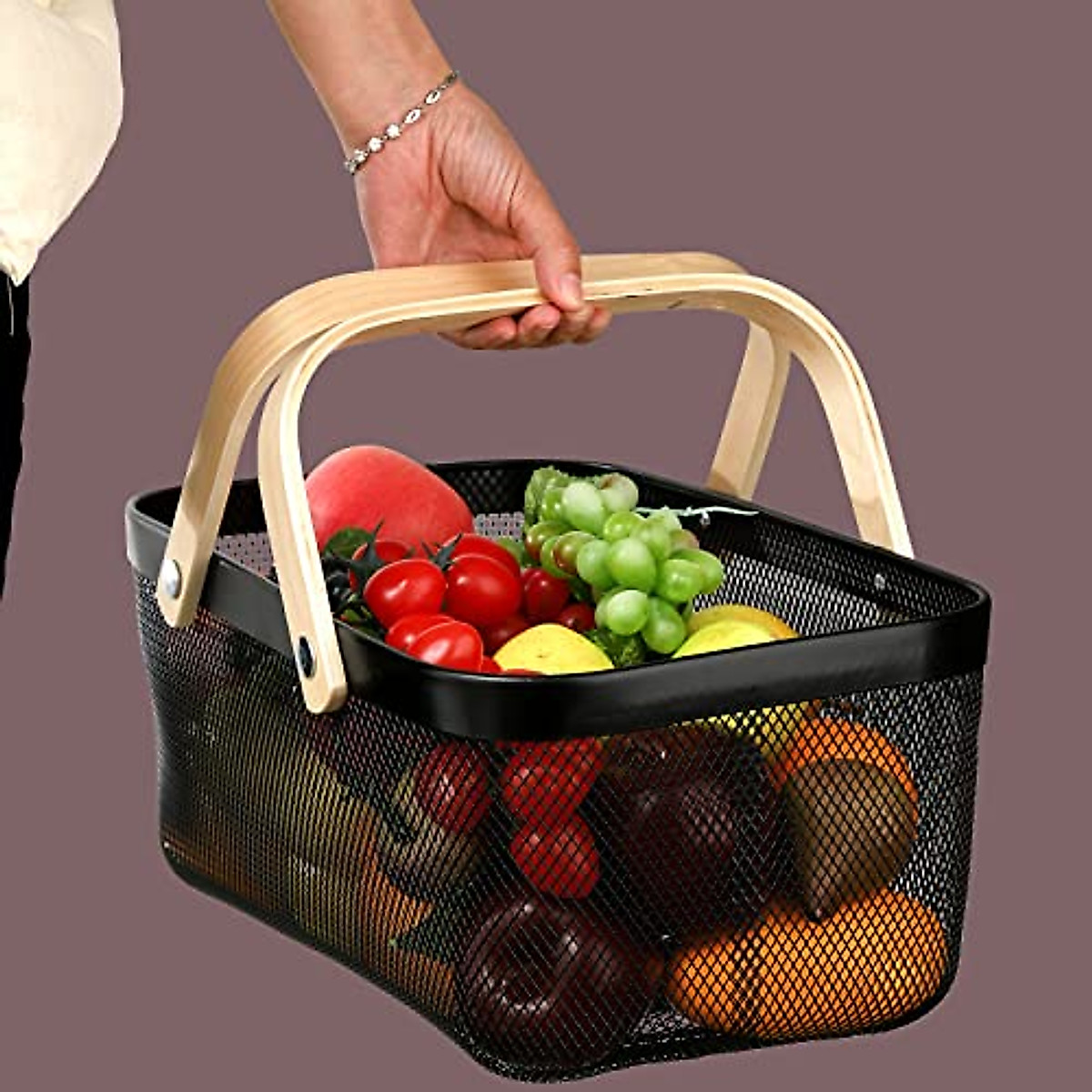 ZEAYEA Mesh Storage Basket with Handle, Garden Harvest Basket, Mesh Fruit Vegetables Gathering Basket Bin, Multi-functional Metal Wire Basket for Kitchen Garden Picnic Cabinet