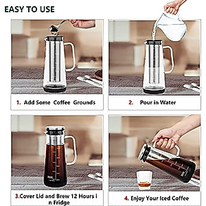 Cold Brew Coffee Maker with Lid and Handle 47oz / 1.4 Liter, Durable Glass Pitcher Carafe, Stainless Steel Mesh Filter Infuser, Dishwasher Safe, for Iced Coffee, Cold Brew, Juice, Tea & More