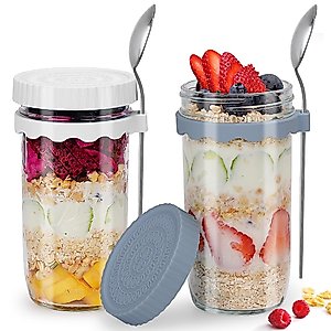 Overnight Oats Jars, Overnight Oats Containers with Silicone Lid and Spoon 16 oz,for Oats Yogurt,Milk,Fruit,breakfast,Leak-Proof Reusable Portable with Measurement Marks (W+G)
