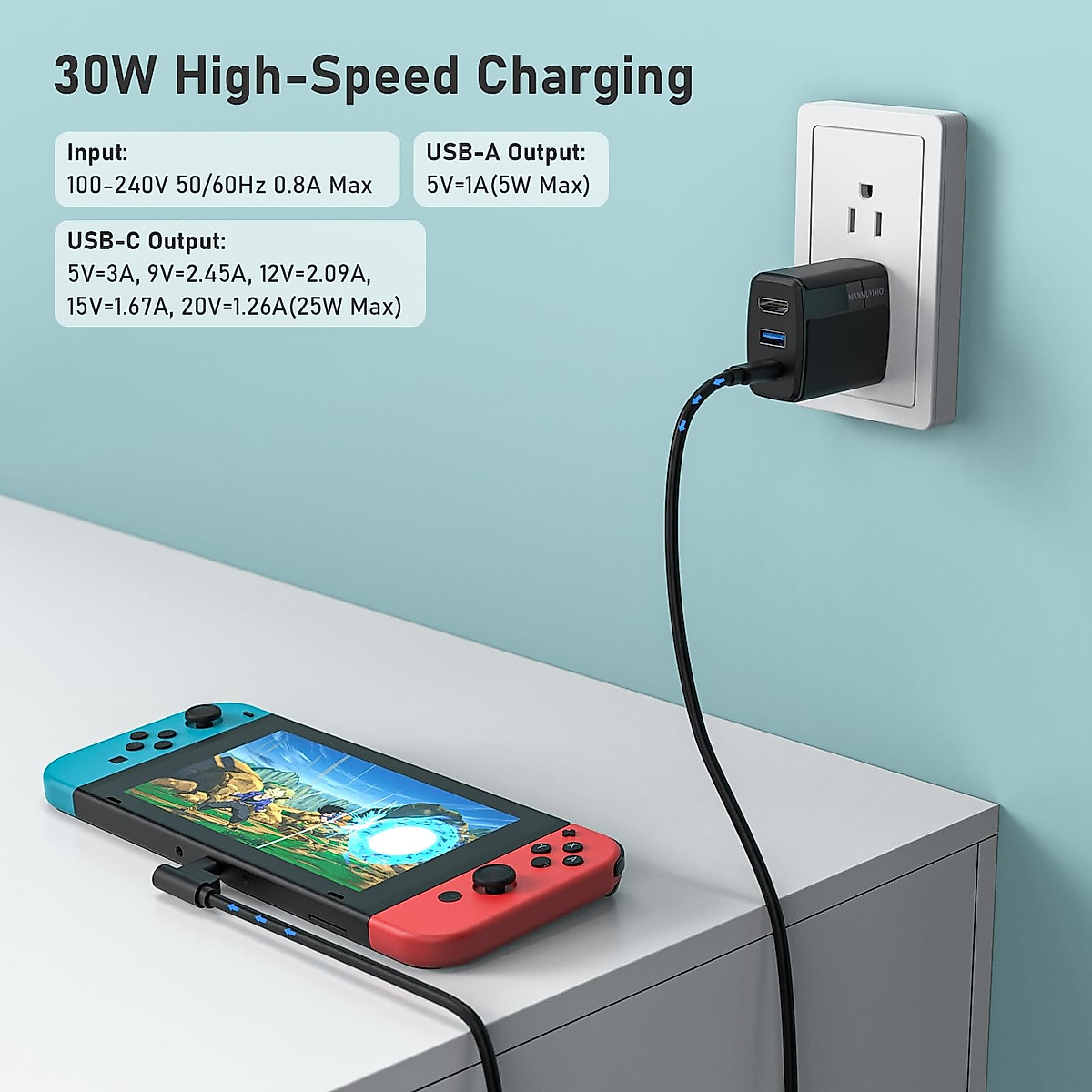 MANMUVIMO Switch Dock Charger HDMI Adapter for Nintendo Switch/OLED, Switch Docking Station Replacement for Original Dock Set, Portable 30W High-Speed with USB 3.0 Port, USB-C to USB-C Cable(Black)