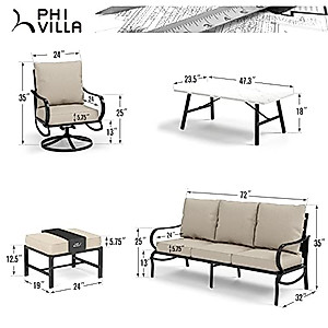 PHI VILLA 6 Piece Patio Conversation Sets, Deluxe Outdoor Patio Set for 5-7 Person with 3 Seater Padded Deep Seating Bench, 2 Padded Swivel Armrest Sofa Chairs, 2 Ottoman and & 1 Coffee Table