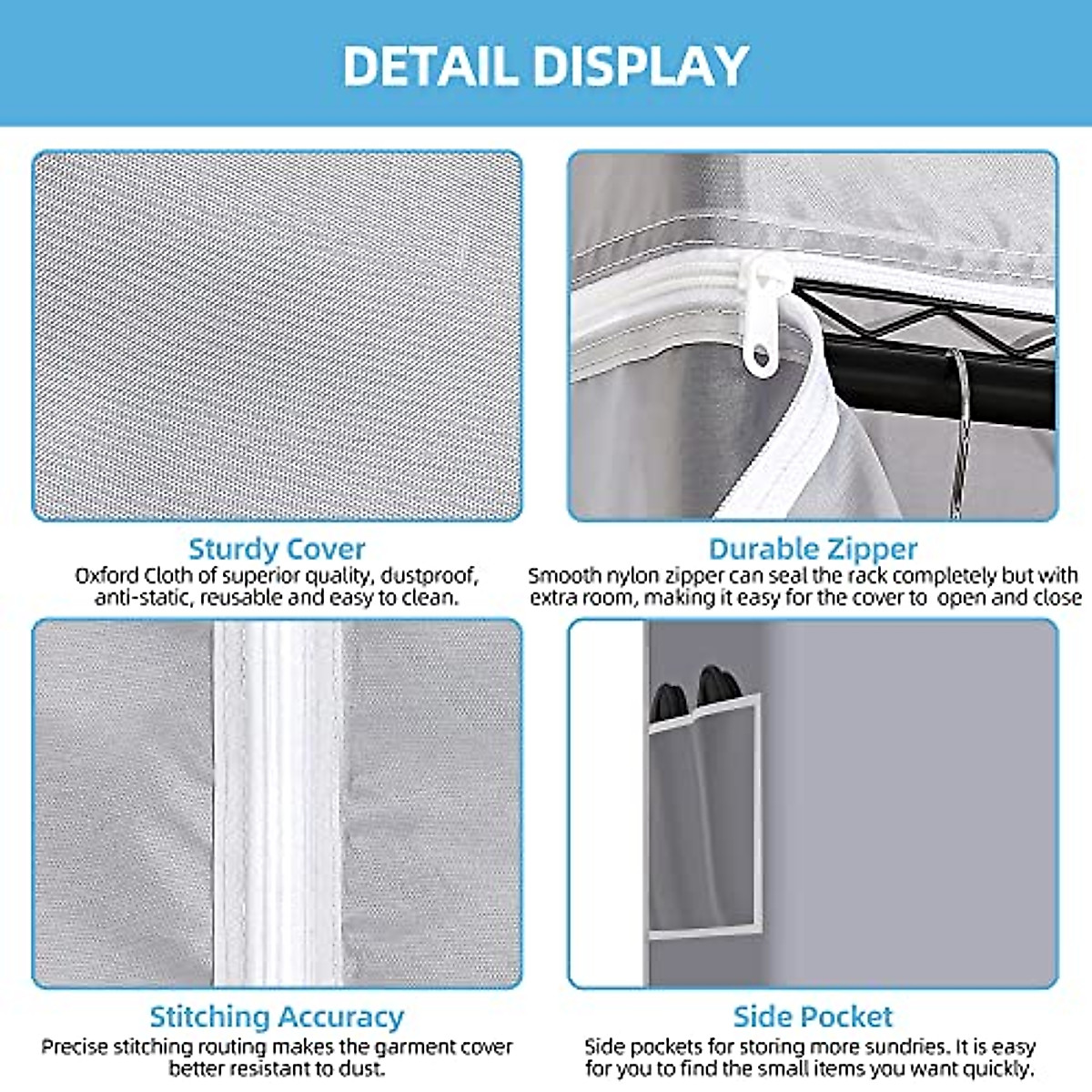 PUNION Cover Only Available for CJ-B1133W2 Garment Rack, Dustproof Oxford Fabric Hanger Sleeve with Zipper, with Side Pocket, 36" L x 18" W x 71" H, Grey
