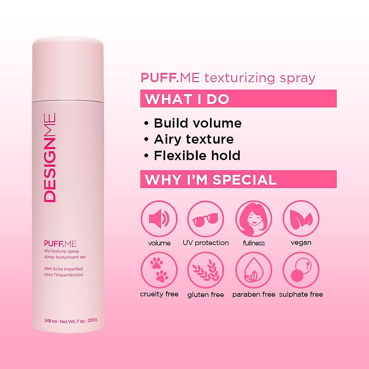 PUFF.ME Volumizing Dry Texture Spray for Hair by DESIGNME | Light Hold Hairspray for Straight or Wavy Hair | Color Safe Fine Hair Texture Spray | Paraben and Sulfate Free Hair Texturizer, (7 Oz)