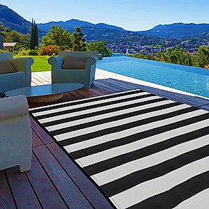Pcinfuns Plastic Straw Rug,Patio Rugs RV Camping Rug Reversible Mat,6'x9' Large Floor Mat and Rug for Outdoor,Black and White Stripes