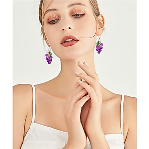 DIYANMMY 3D Green Grapes Drop Earrings Cute Fruit Pink Peach Acrylic Gold Dangle Earrings for Women Charm Jewelry Gift (purple Grape Earrings)