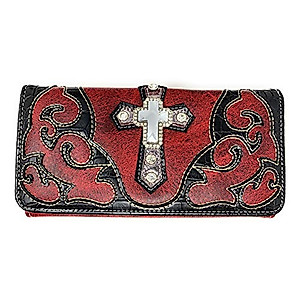 Premium Rhinestone Cross Cut Out Western Embroidered Womens Concealed Carry Handbag With Matching Wallet in 5 colors (Red)