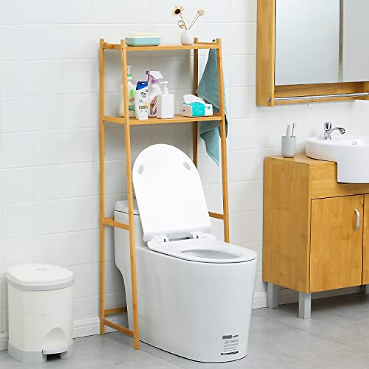 MoNiBloom 2-Tier Bamboo Over The Toilet Storage Rack with Hooks Freestanding Bathroom Space Saver Corner Stand Storage Organizer, Natural