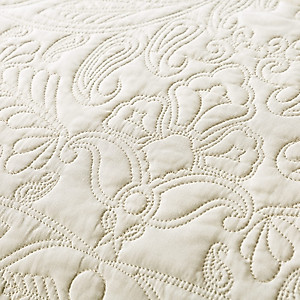 HoneiLife Quilt Set King Size - 3 Piece Embroidered Microfiber Bedspread Reversible Coverlet Lightweight Bedcover Paisley Pattern Bedding Set All Season Quilts-Beige